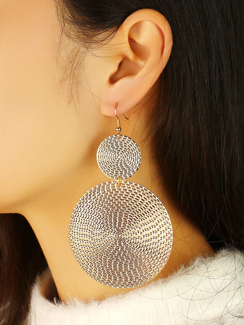 Large Double Circles Round Dangle Drop Earrings Geometric Statement Handmade Bohemian Dangling Earring Hook Studs Fashion Jewelry for Women Girls Yellow Gold (Yellow Gold)