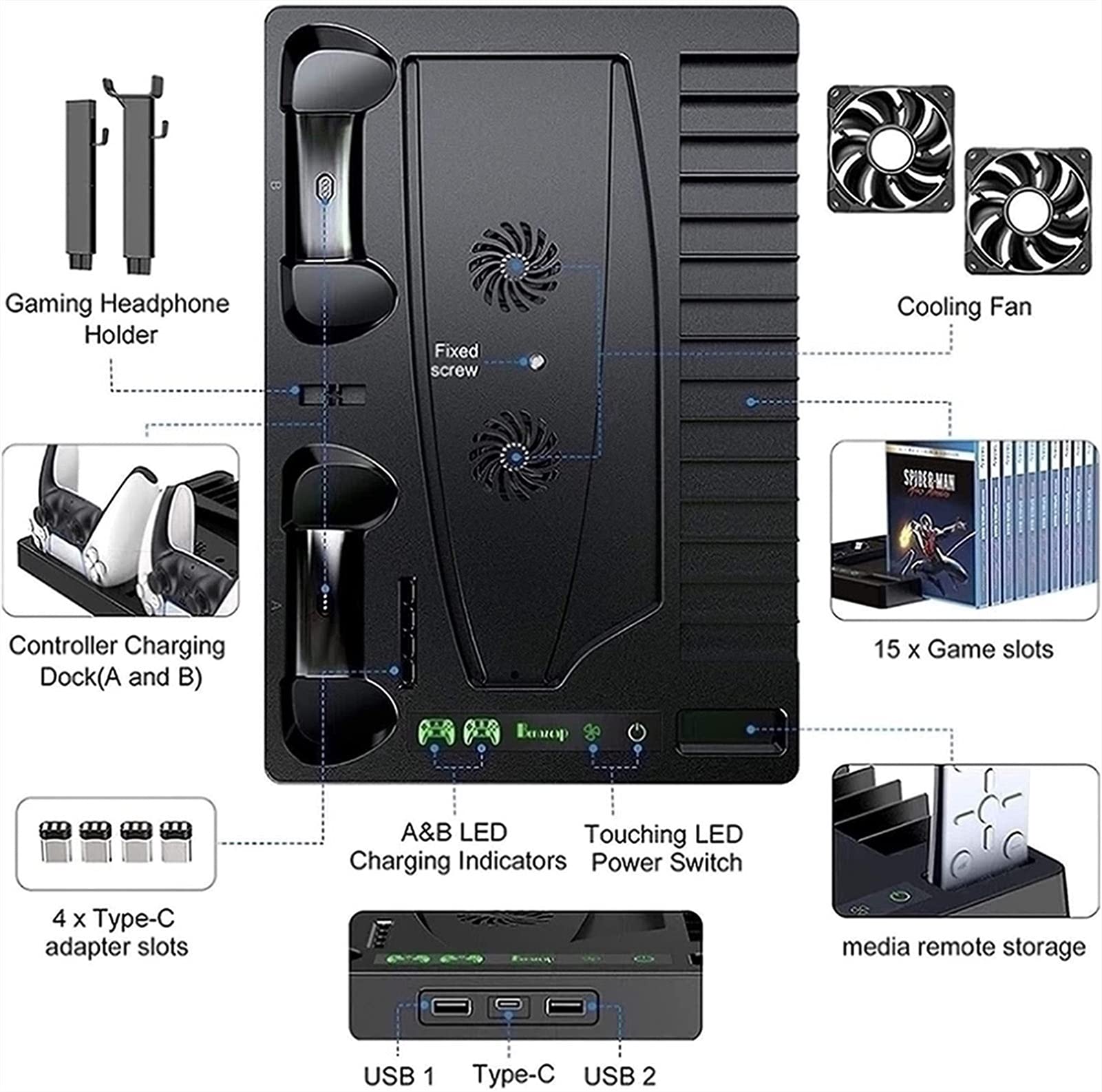 LVHI Vertical Stand for PS5 with Cooling Fan Digital Edition/Ultra HD Playstation 5 Stand Controller Charge Station with Dual Controllers EXT Port Charger Dock and 15 Game Slots