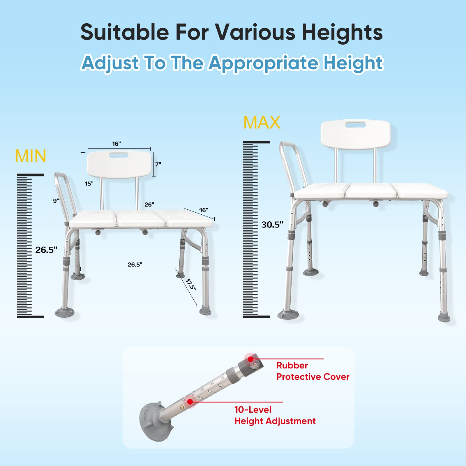 Nurhome Heavy Duty Bathtub Transfer Bench with Back and Side Arm Shower Chair with Height Adjustable Bath Shower Bench Chair Fits Any Bathroom for Elderly Disabled Non-Slip Feet 330 lbs