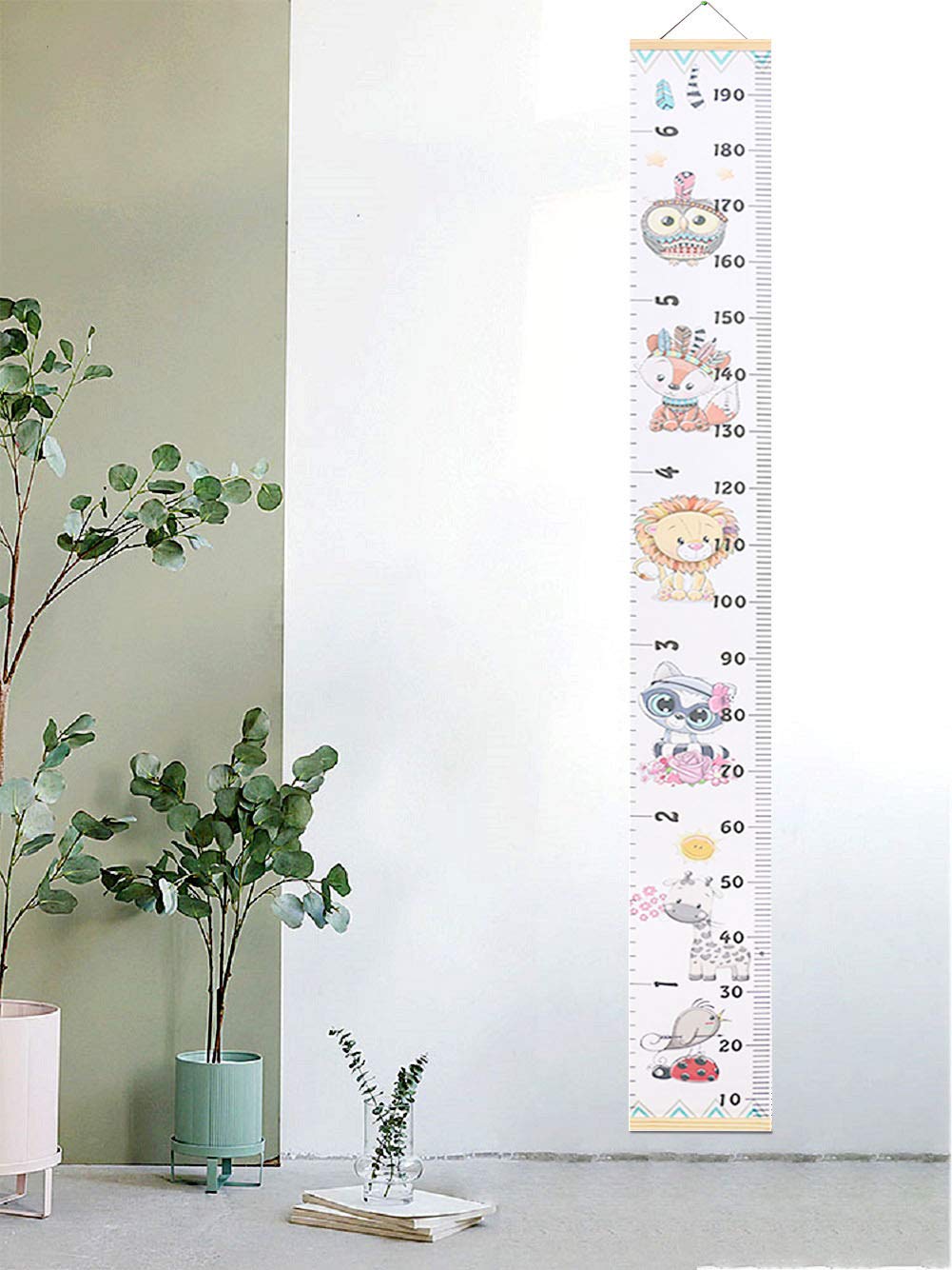 JJGoo Baby Growth Chart Hanging Ruler Wall Decor, Wood Frame Fabric Canvas Removable Height Measurement Ruler Wall Height Growth Chart for Kids Toddlers and Babies (Animal Pattern)