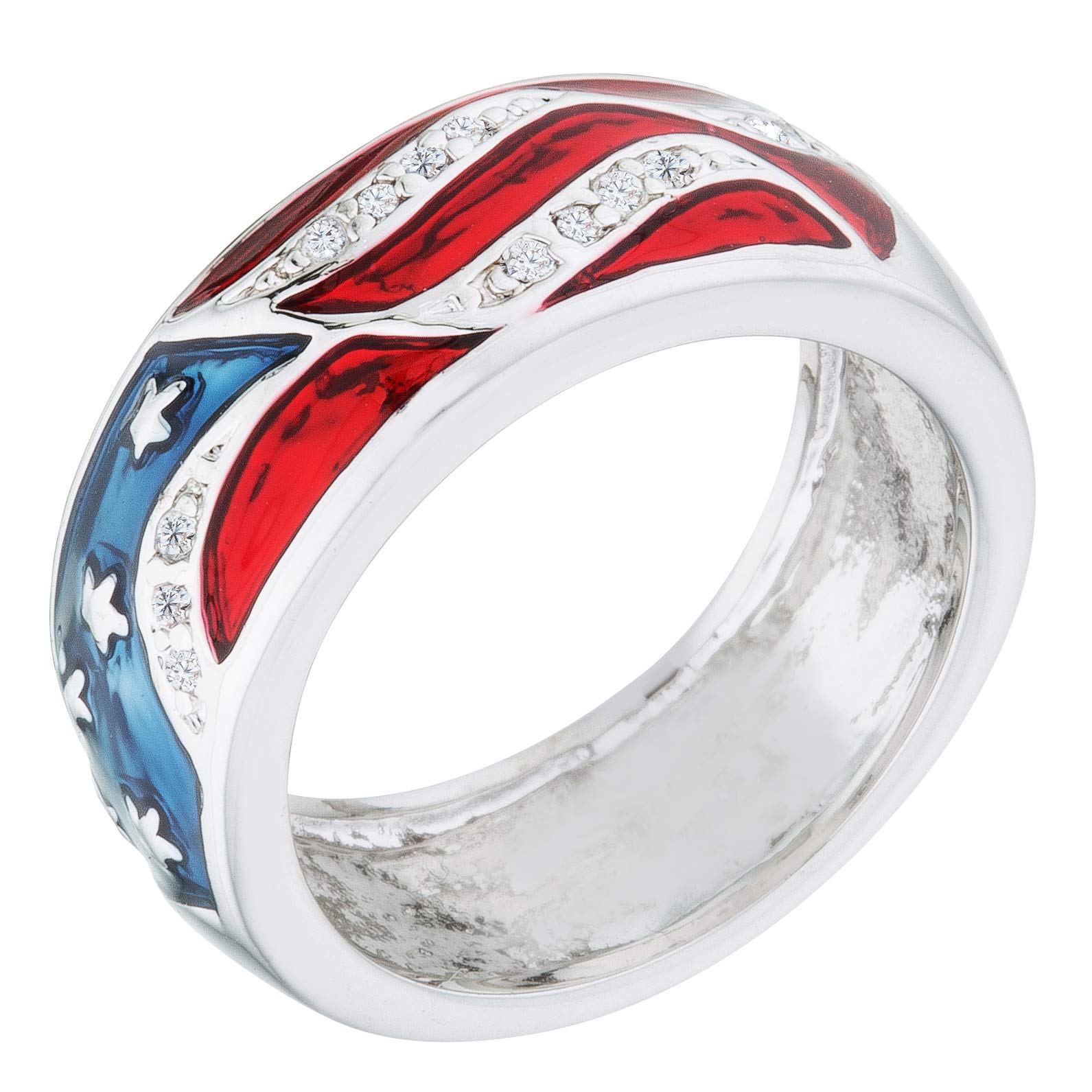 Kate Bissett USA American Flag Patriotic Ring with Red and Blue Enamel and Cubic Zirconia Size 5