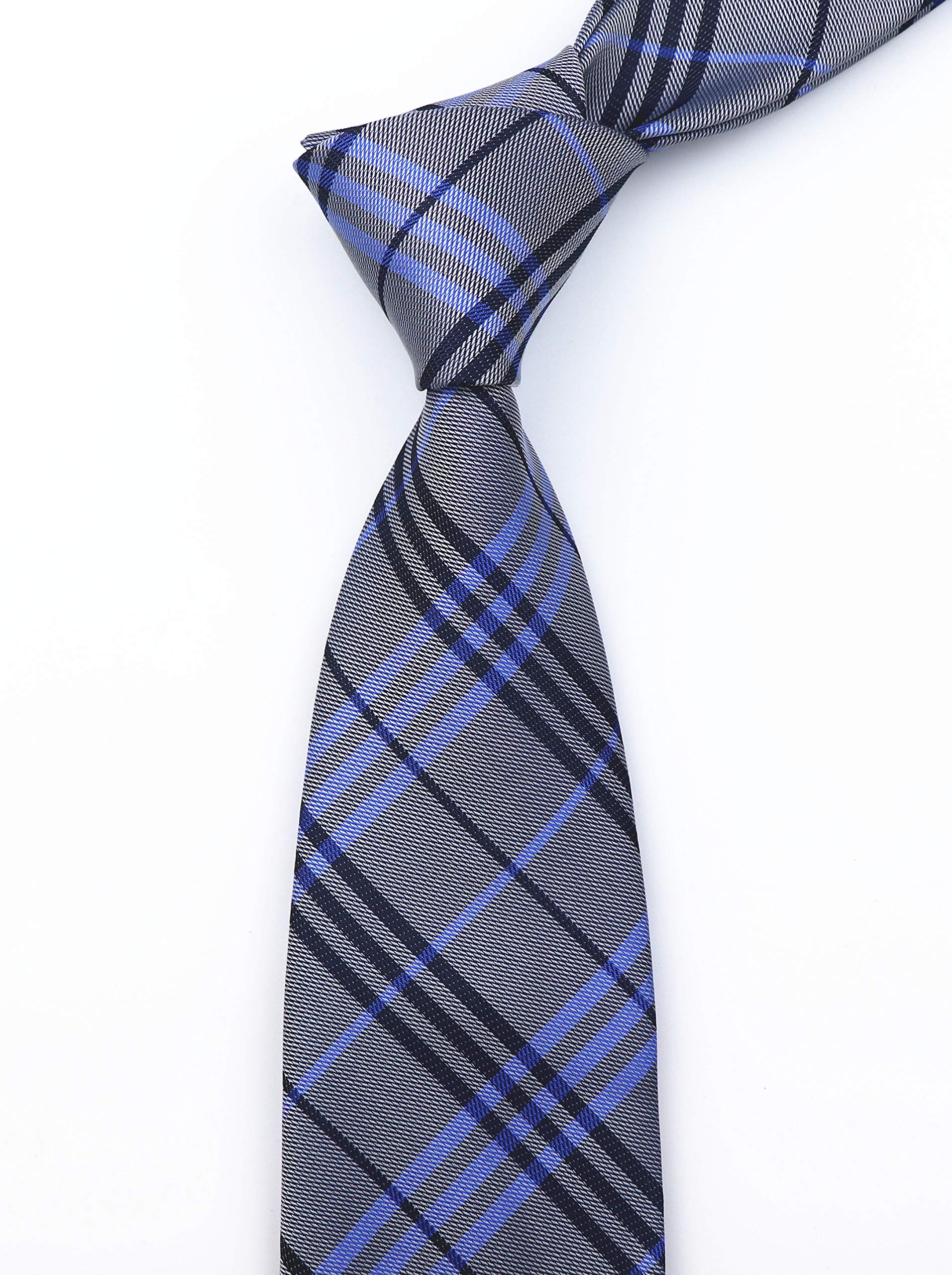 Men's Blue Grey Ties Trendy Tartan Plaid Narrow-width Wedding Necktie for Grooms Thin Blue Line Tie