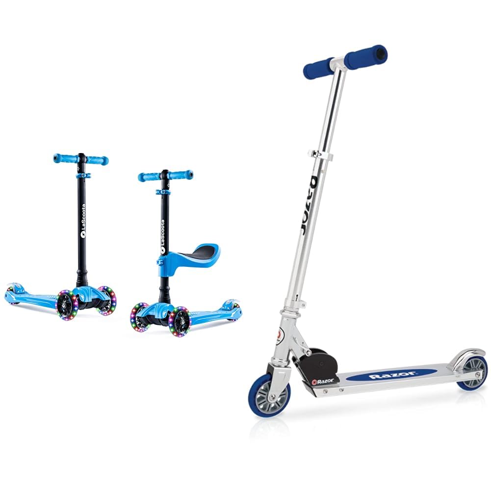 LaScoota Kick N Roll Scooter for Kids, 3 Wheel Adjustable Height Scooter with LED Flashing Wheels and Anti-Slip Deck, for Riders Aged 3-12 and up to 100 lbs.
