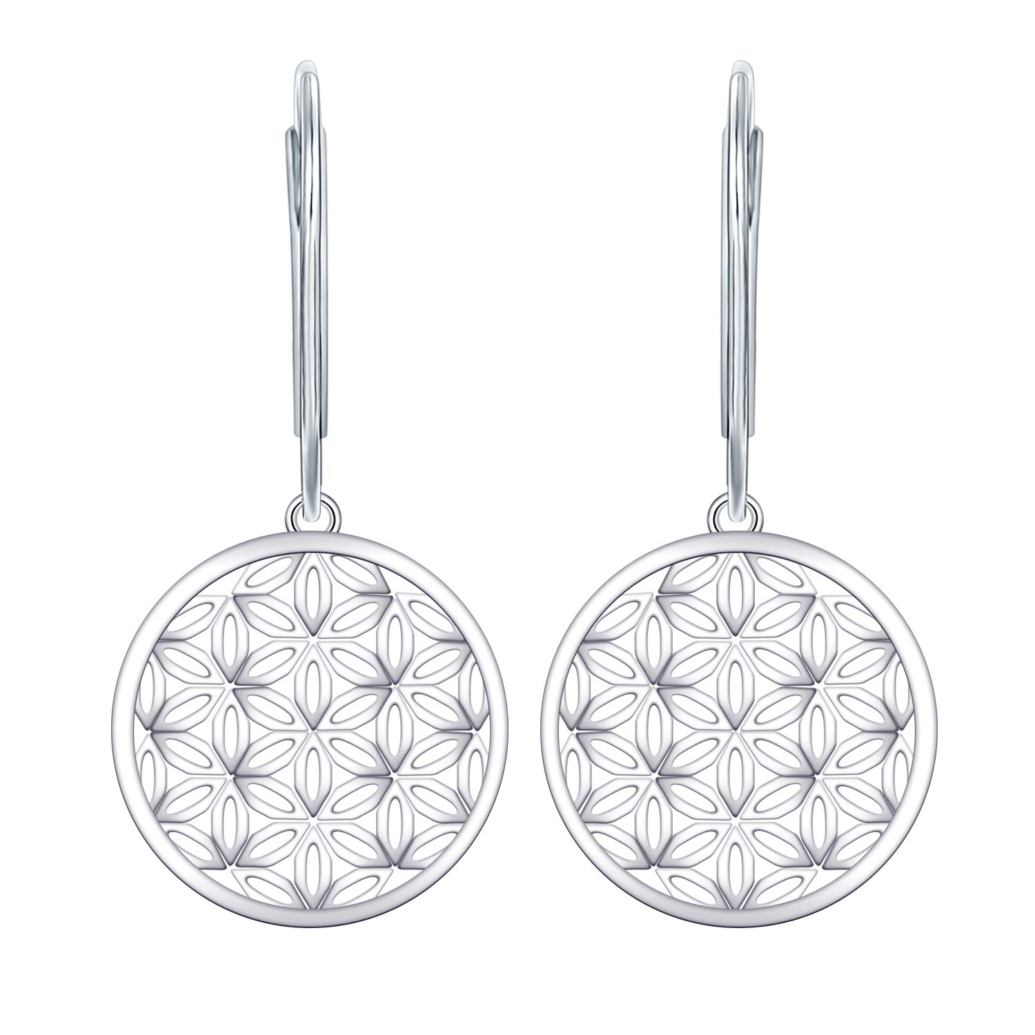 JO WISDOM 925 Sterling Silver Flower of Life Drop&Dangle Leverback Earrings