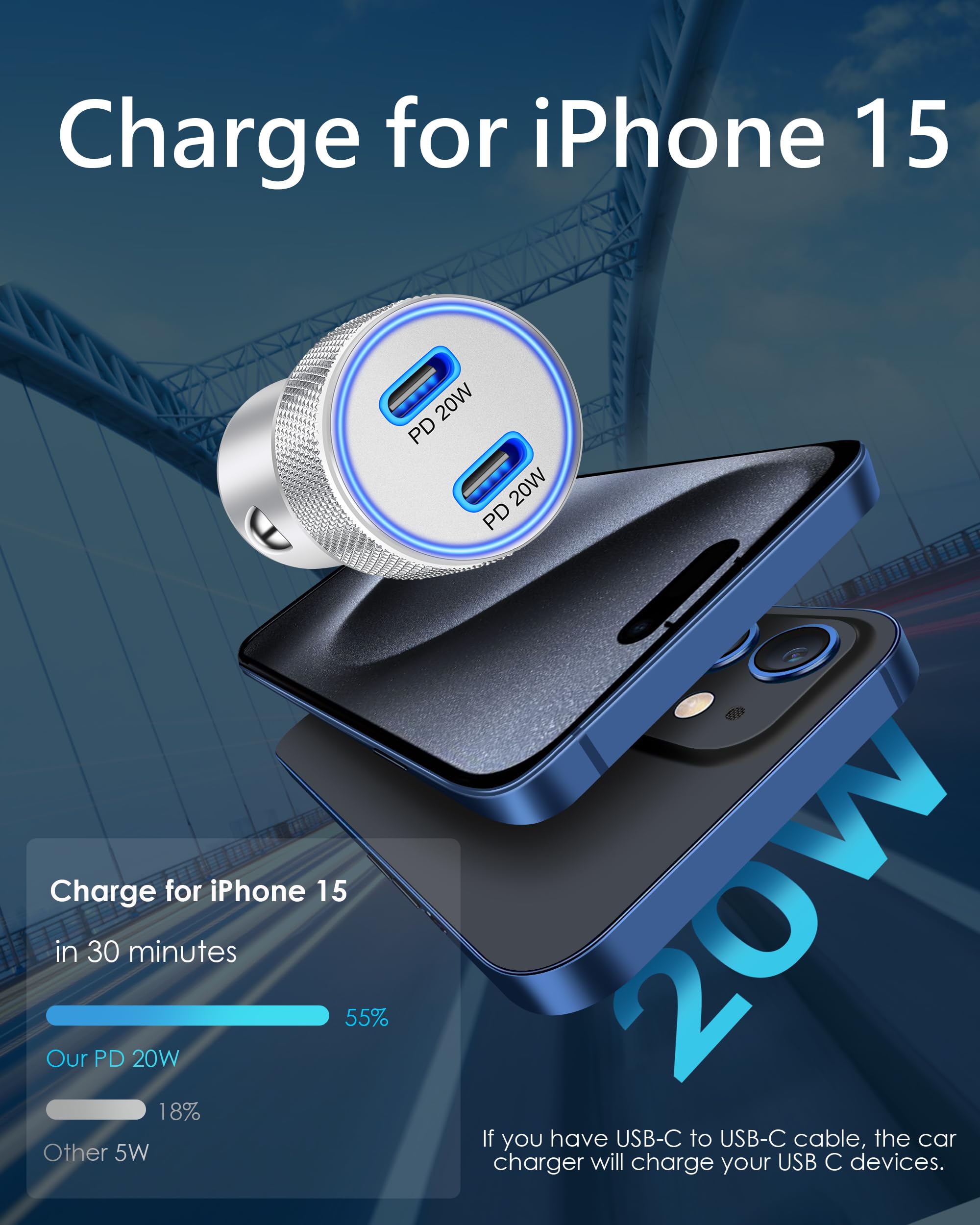 iPhone 15 Car Charger Fast Charging, 20W USB C Charger Block + 2 x 3FT USB-C to C Cable + 40W Dual USB C Car Adapter Power Cigarette Lighter Charger for iPhone 15/15 Plus/15 Pro Max, iPad, Pixel 8/7/6