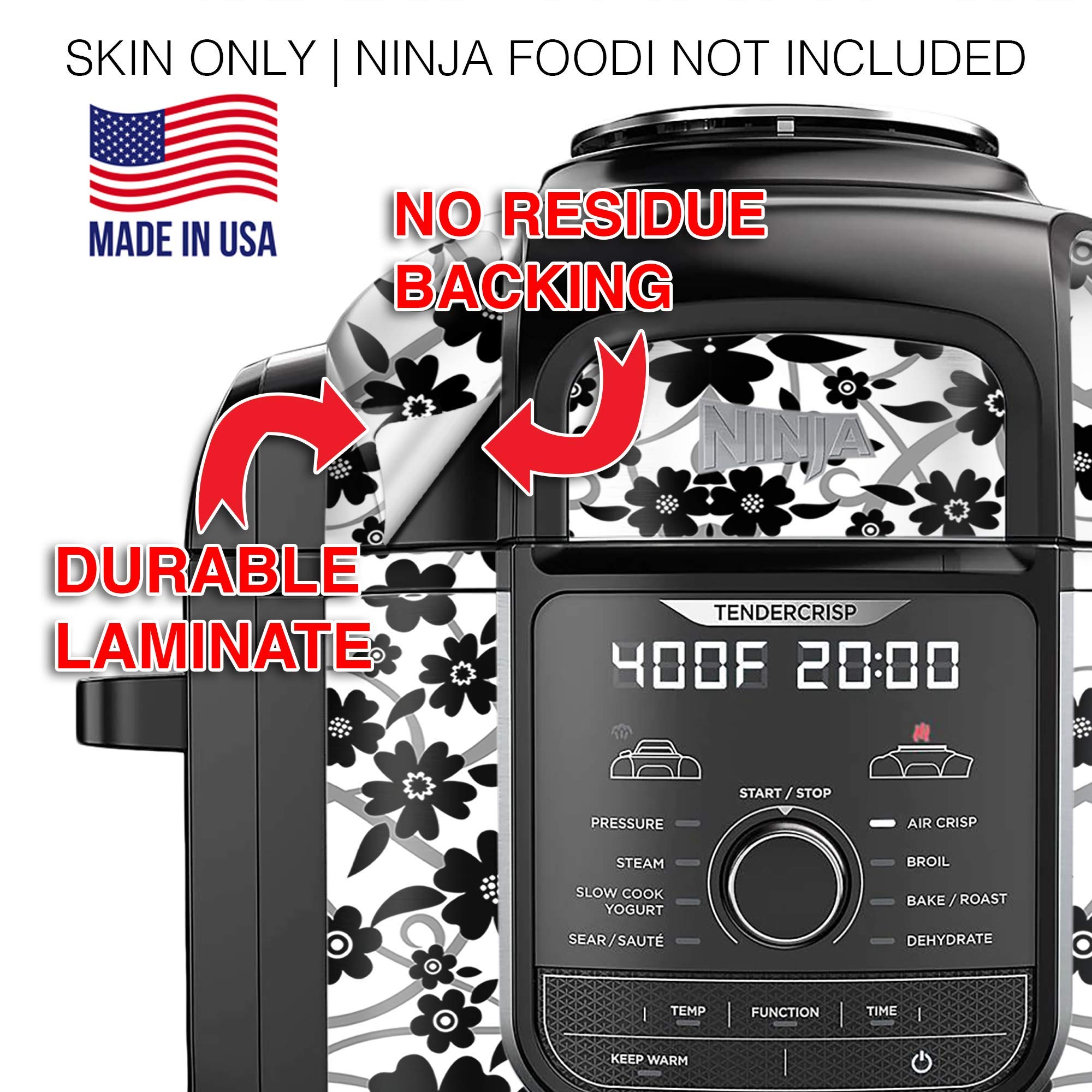 KRAFT'D Wrap for Ninja Foodi 8 Quart - QT Accessories Cover Sticker - Wraps fit Deluxe Cooker Mdl: FD402 LP3 | Black White Floral Pattern