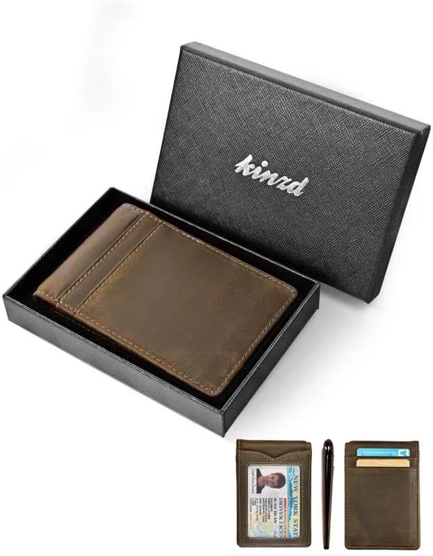 kinzd Slim Wallet with Money Clip RFID Blocking Minimalist Bifold Wallet for Men Genuine Leather Front Pocket Card Holder (AS137 - Crazy Horse Leather Dark Brown)