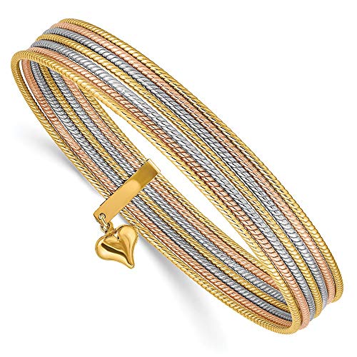 IceCarats 14K Dangling Heart Love Tri Color Gold Set of 7 Slip On Bangle Bracelet