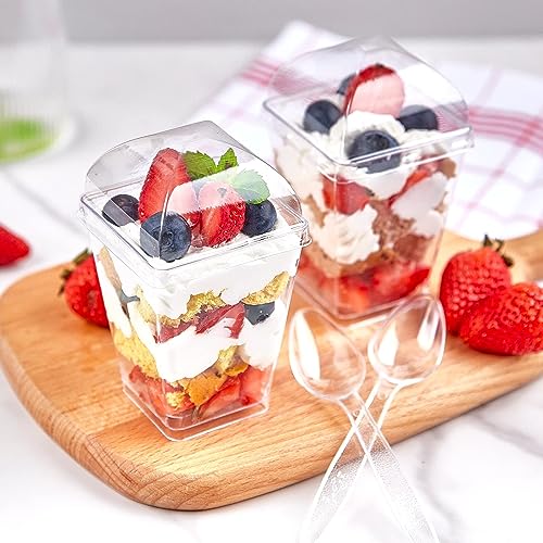 Zezzxu 100 Pack 5 oz Dessert Cups with Dome Lids and Spoons Mini Parfait Cups Clear Plastic Tasting Appetizer Bowls for Fruit Ice Cream Pudding Mousse