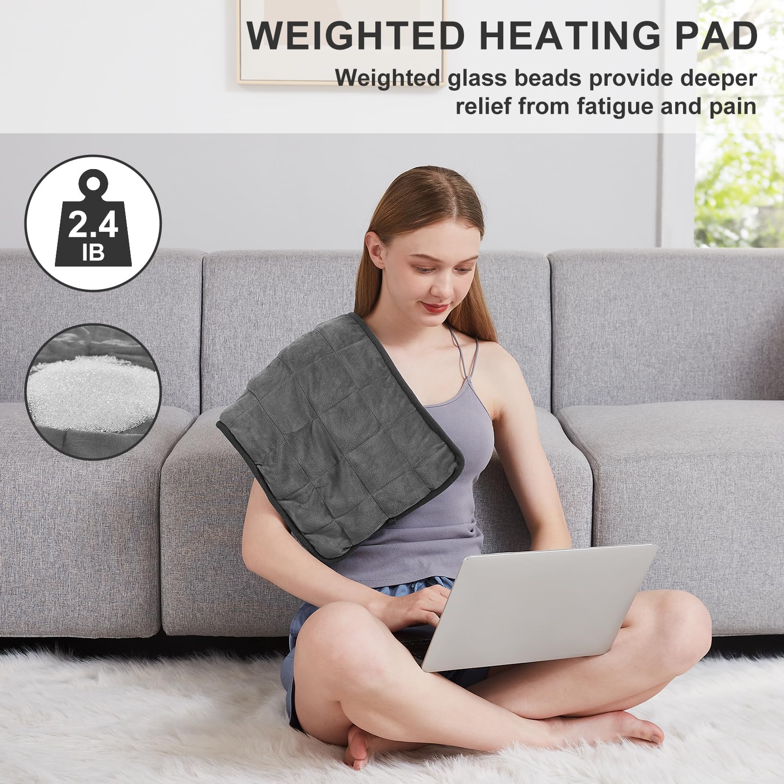 JKMAX Weighted Heating Pad XL - 2.4lb Electric Heating Pads for Back Pain Relief Cramps with 10 Heating Settings|6 Auto Shut Off - Fast Heat Dry & Moist Therapy Options 12x24 Heat Pad Washable (Grey)