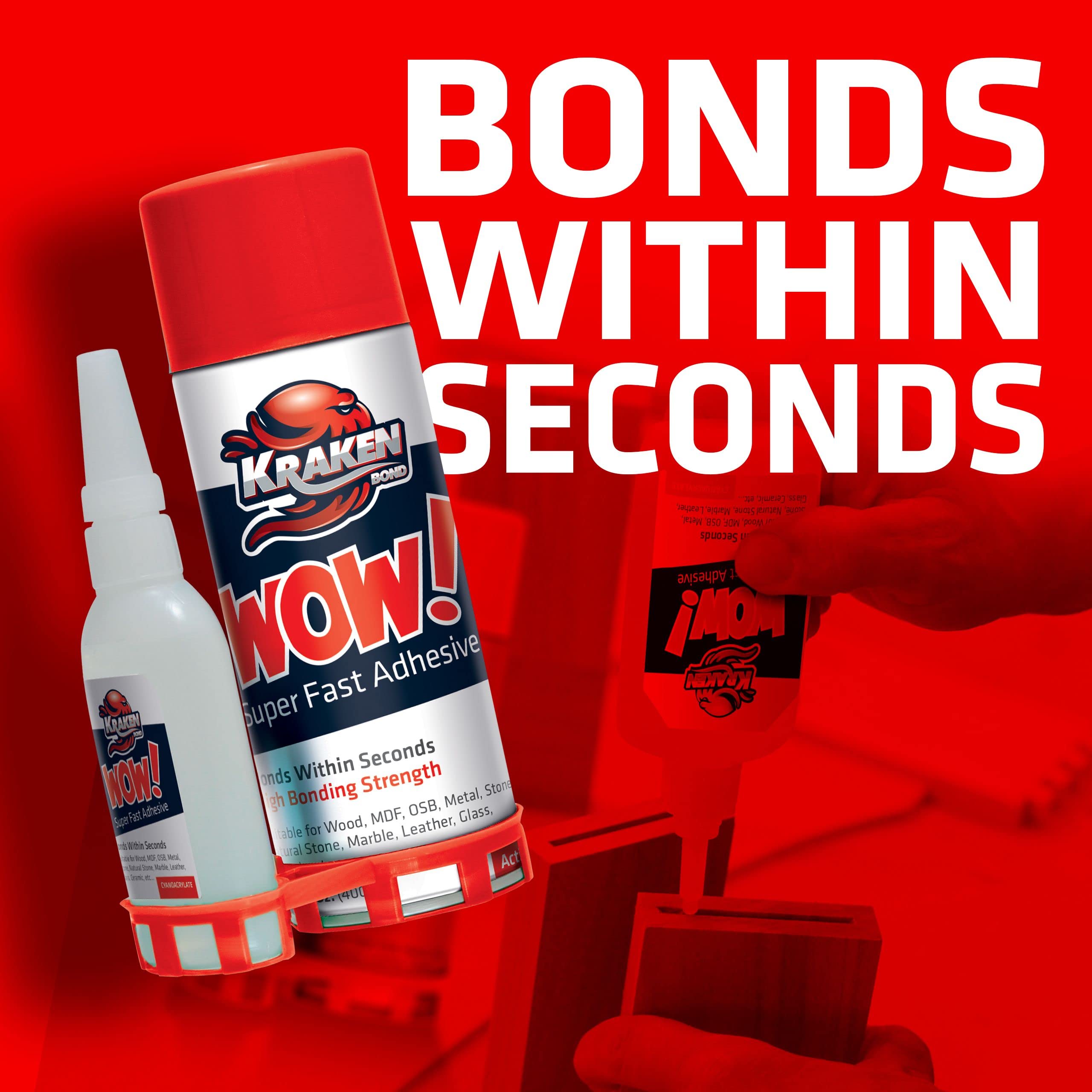 Kraken Bond Wow! CA Glue (2 x 1.75 oz.) with Spray Adhesive Activator (2 x 6.75 fl oz.) - Cyanoacrylate Glue, CA Glue with Activator, CA Glue for Woodworking, Crazy Glue, Craft Glue | 2 Pack