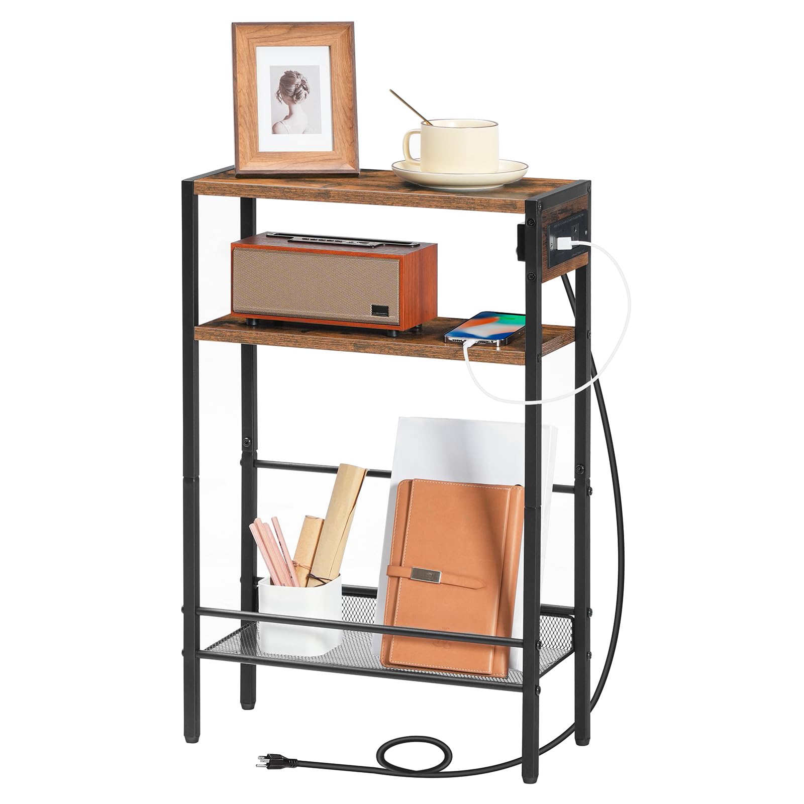 HOOBRO Small Narrow Side Table with Charging Station, Skinny End Table for Small Spaces, Slim Nightstand with USB Ports Outlet, Sofa Beside Table with Storage Shelf, Rustic Brown and Black BF102UBZ01