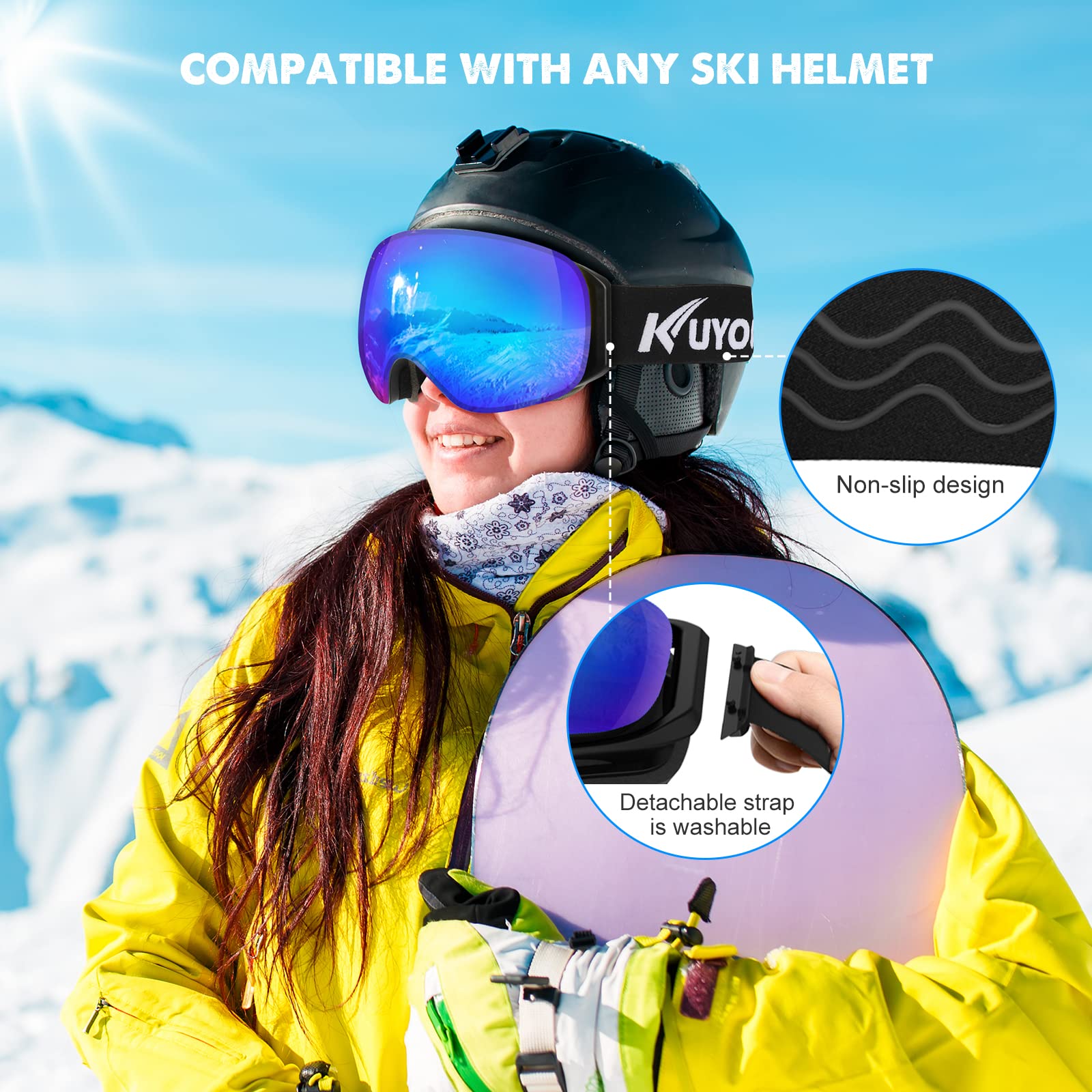 KUYOU Ski Goggles, Snowboard Goggles, Mag-Pro Magnetic Interchangeable Lenses, UV400 Protection Snow Goggles for Men & Women