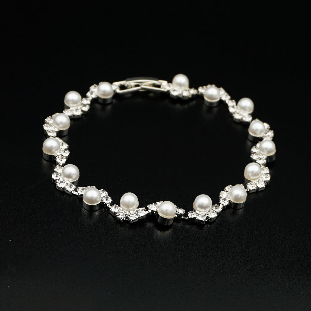 JSEA Womens 4mm Faux Pearl Wave Link Bracelet Silver Tone Rhinestone Bracelets Ladies