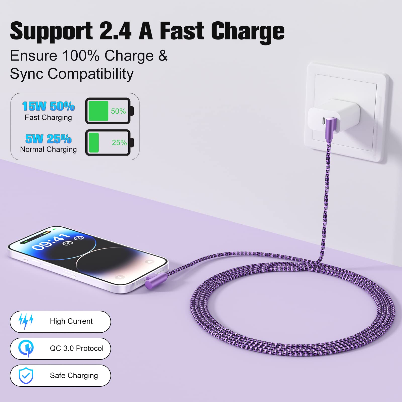 iPhone Charger 10FT Lightning Cable [Apple MFi Certified] 3 Pack 90 Degree Fast iPhone Charging Cables Cord Compatible with iPhone 14/13/12/11 Pro MAX/XR/XS/8/7/Plus/6S/SE/iPad (Rose gold-10ft)
