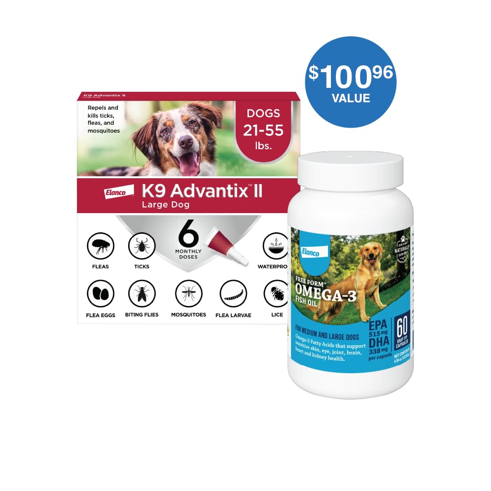 K9 Advantix II Vet-Recommended Flea, Tick, and Mosquito Prevention for Large Dogs and Free Form Omega-3 Fish Oil Snip Tips for Medium and Large Dogs | 6-pack + 60-count
