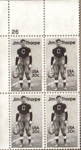 JIM THORPE ~ FOOTBALL ~ OLYMPICS ~ BASEBALL ~ BASKETBALL #2089 Plate Block of 4 x 20¢ US Postage Stamps