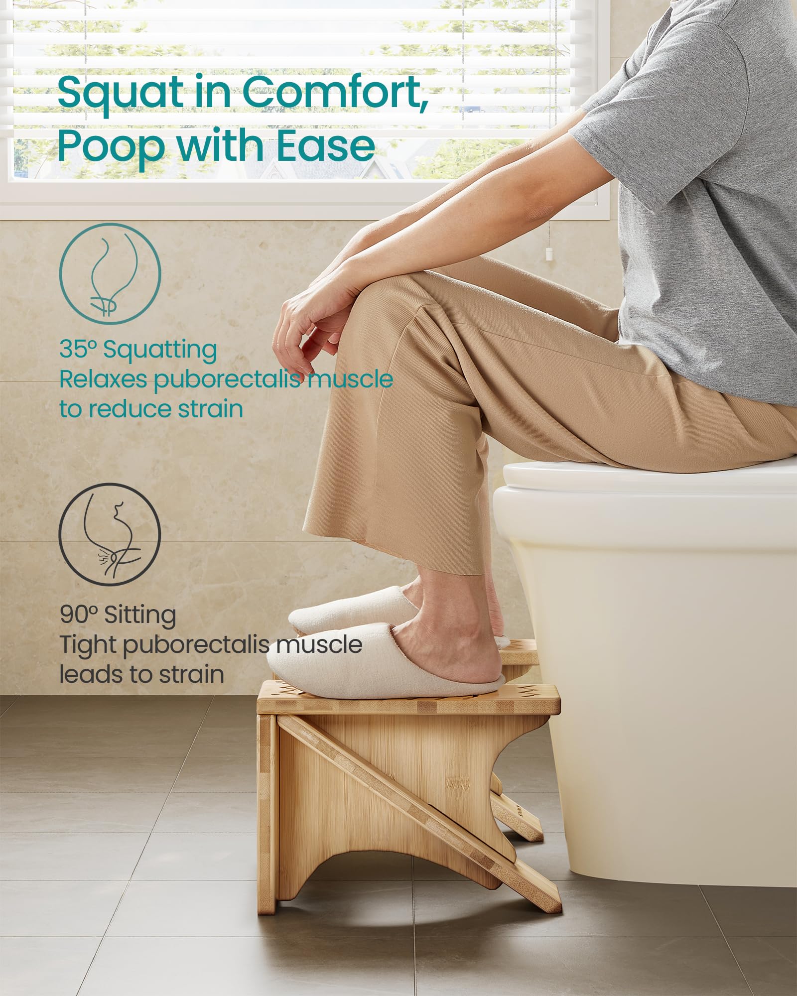SONGMICS Bamboo Toilet Stool, Adjustable Poop Stool with Non-Slip Grooves, Height Convertible to 6.9 or 9.5 Inches, Squat Potty Stool for Bathroom, Space-Saving, Natural Beige UBCB111N01