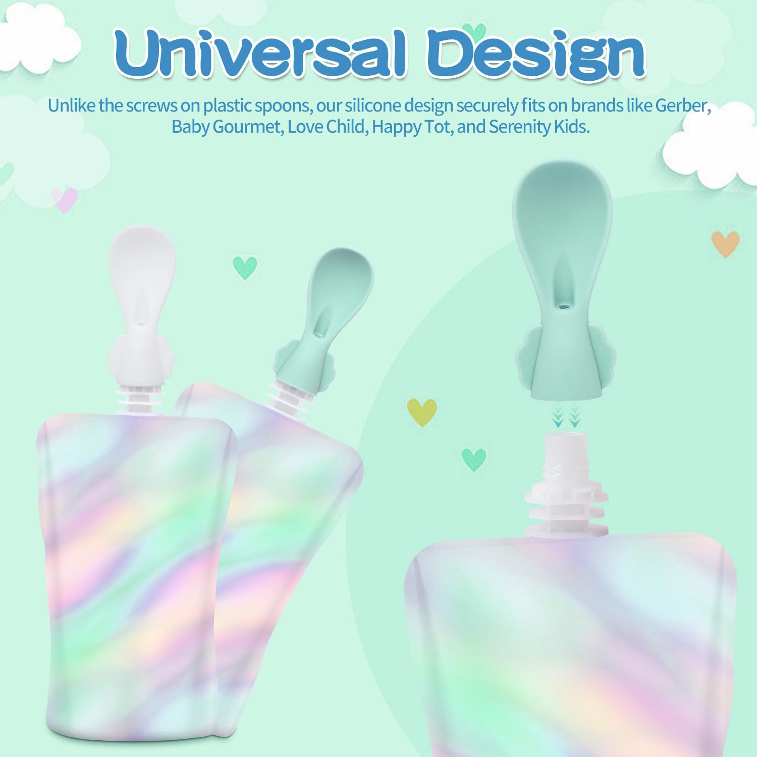 Leak-Proof Silicone Food Pouch Squeeze Spoon - No-Spill, Easy Attach Silicone Tops for Infants, 4-Pack