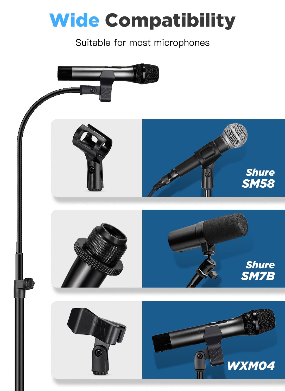Mic Stand, Bietrun Metal Gooseneck Boom Arm Mic Stand Tripod, Height&360° Adjustable, with Carrying Bag & 2 Mic Clips,Compatible with Wireless Mic&Wired Mics for Singing/Wedding/Church/Stage/Party
