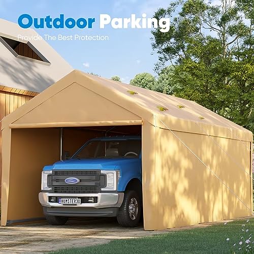 Quictent 10’x20’ Carport Heavy Duty Car Canopy Galvanized Car Shelter with Reinforced Steel Cables and Ground Bars-Beige