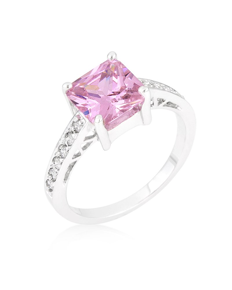 Kate Bissett Rhodium Plated to .925 Sterling Silver Bonded Princess Isabella Ring with Pink Ice Color CZ Size 8