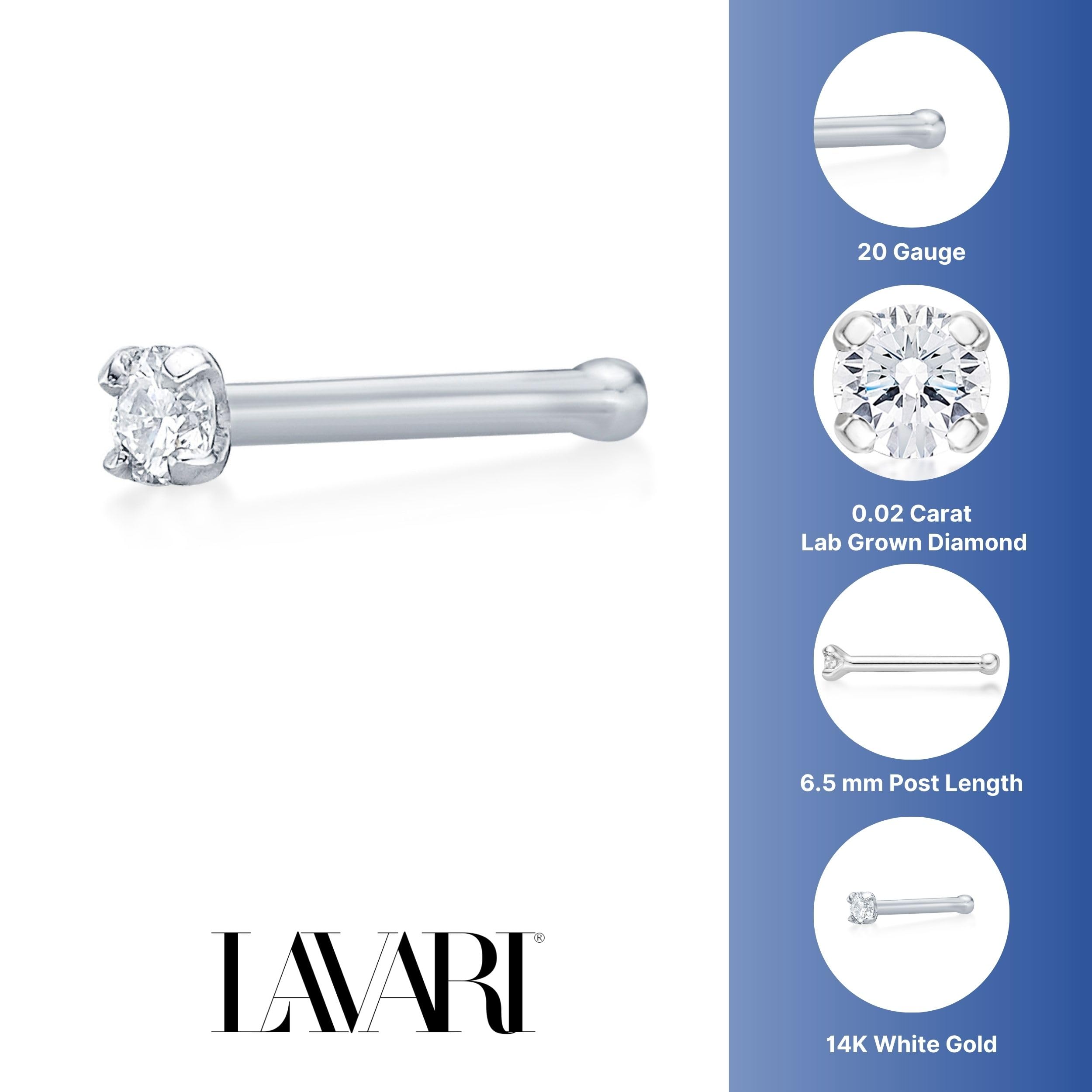Lavari Jewelers 20 Gauge 0.02 Carat Lab Grown Diamond Straight Bone Nose Ring in 14k White Gold (D-E, I2-I3, cttw) 1.7 mm