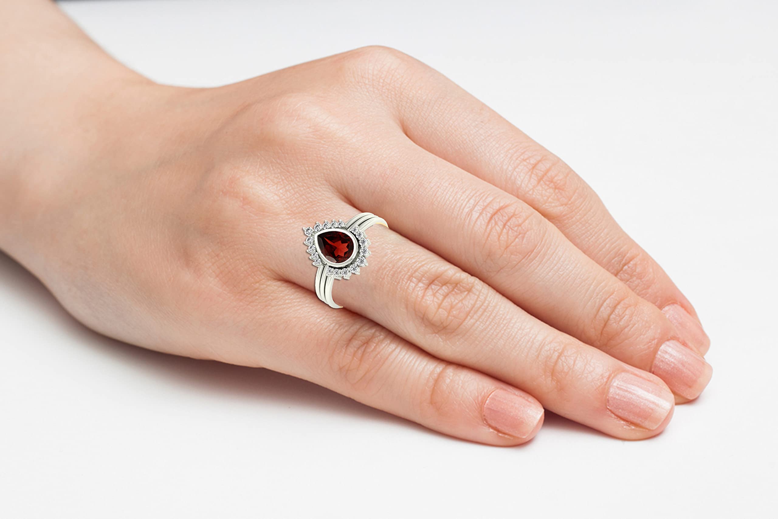 mirahi by chordia jewels Diamond Stackable Ring 14K White Gold, Solitaire Teardrop Garnet Engagement Ring, Bridal Sets Wedding Rings with Ring Size 7.5