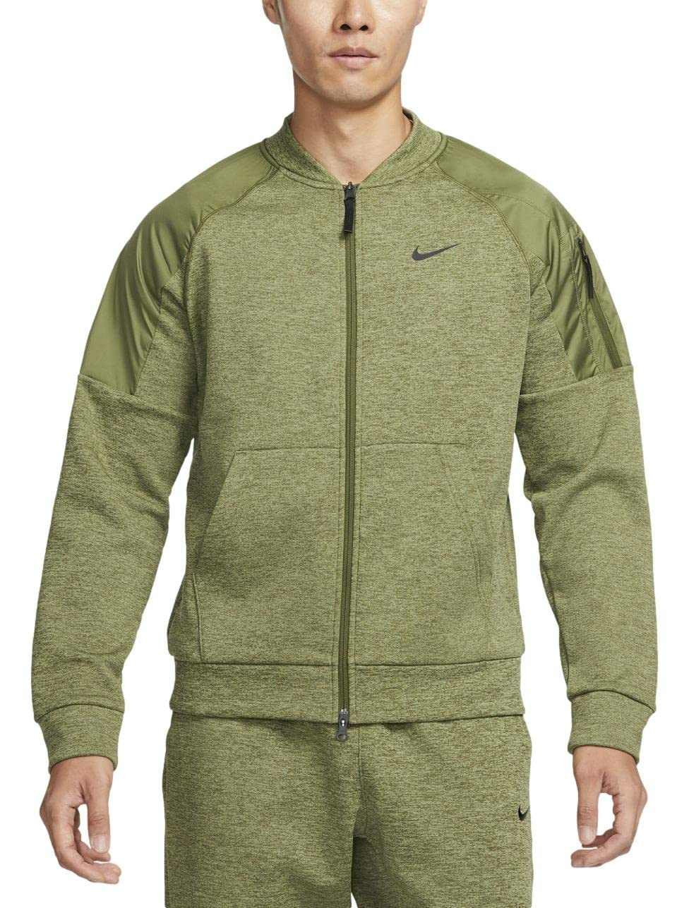 Nike Therma-FIT Men's Training Full-Zip Bomber Shirt (as1, alpha, x_l, regular, regular, Rough Green/Heather/Rough Green/Black, X-large)