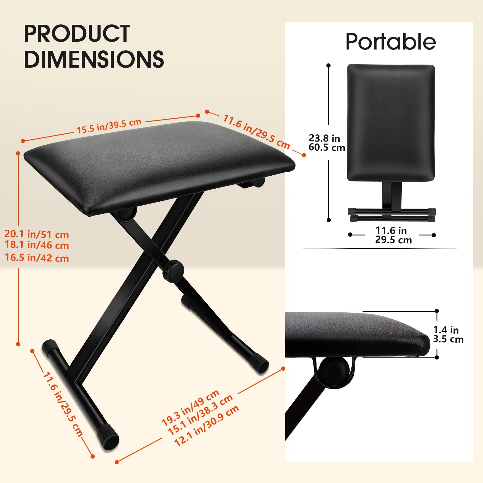 LETSROCK Piano Bench, Keyboard Bench X-Style Padded Adjustable Portable Stool Collapsible Chair Foldable Seat Waterproof & Non-Slip, Black