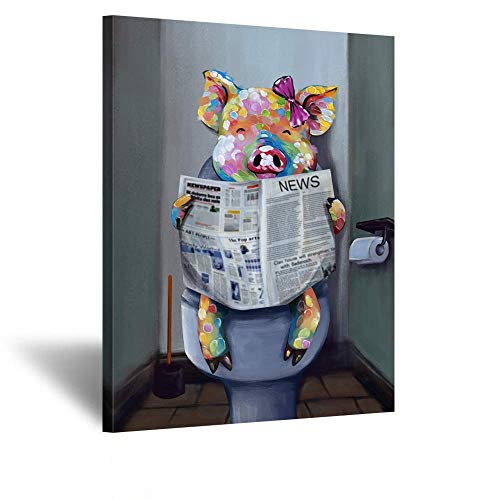 KREATIVE ARTS Funny Animal Painting Wall Decor Giclee Canvas Art Cute Pig Reading Newspaper on Toilet Painting Framed Prints Pictures to Hang for Bathroom Walls Decor 24x32inch