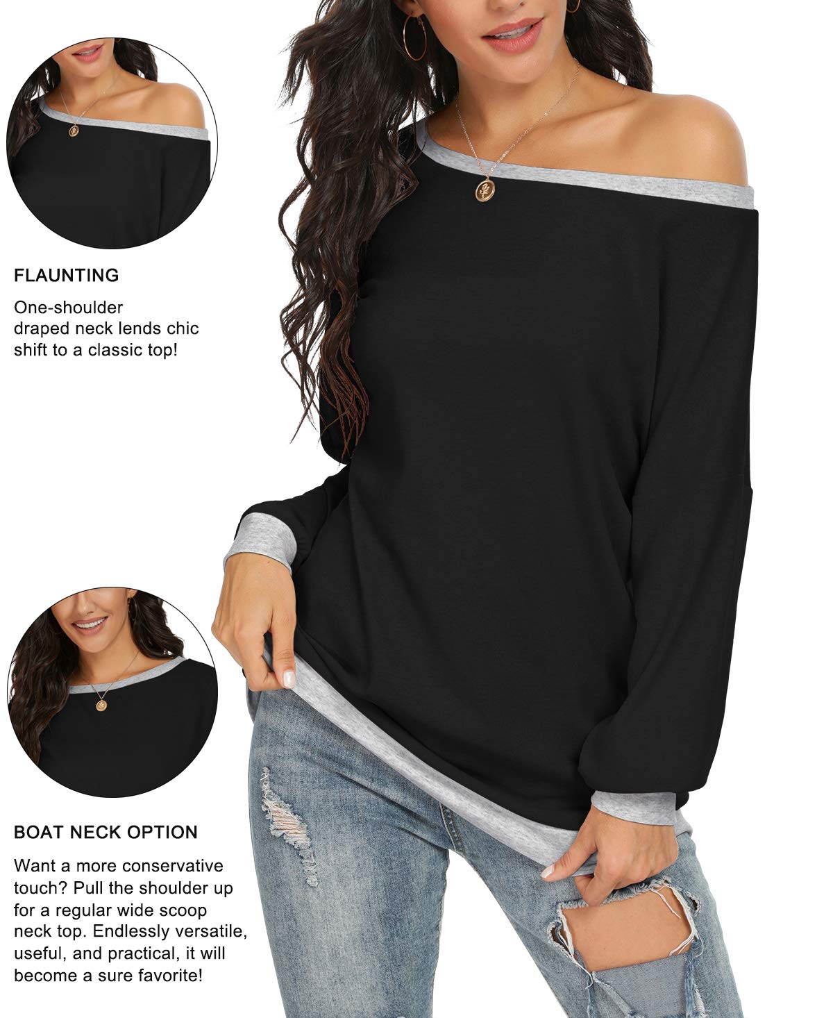JINKESI Women Long Sleeve Tops Color Block Sweatshirts Round Neck Loose Tunic Top Black-X-Large