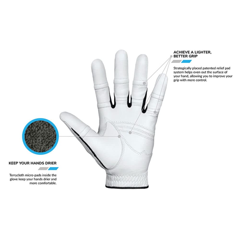 Men's StableGrip with NaturalFit 2.0 Golf Glove with Dual Expansion Thumb for Best Fit - Premium Cabretta Leather⦠(White, Medium/Large, Left)