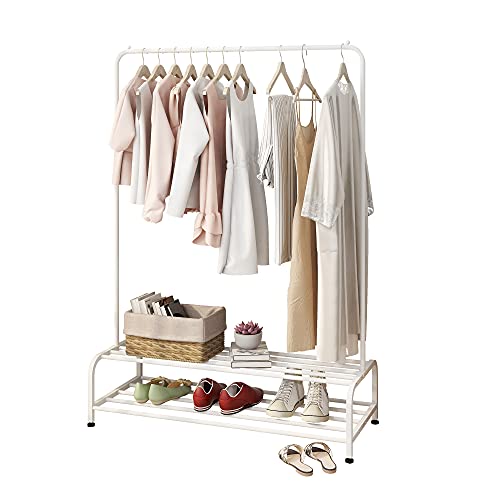 White Commercial Garment Rack,Closet Garment Rack, Heavy Duty Clothes Storage Organizer for Bedroom, Free-Standing and Closet Organizer and Storage with Hanger Rods Clothes Rack for Hanging Clothes