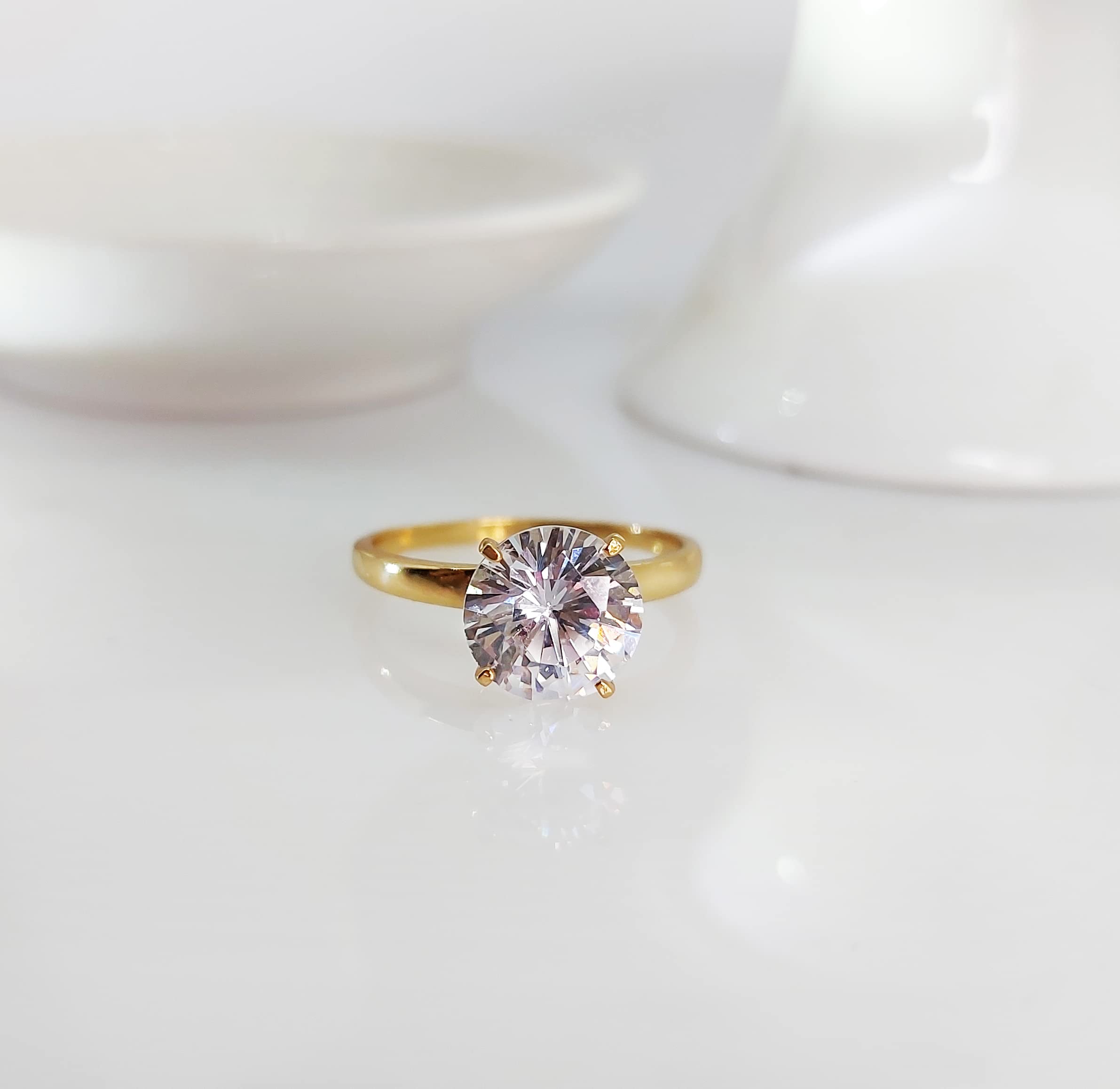 Hoops & Loops Yellow Gold Flashed 925 Sterling Silver 3.0ct Round Brilliant Cut Cubic Zirconia Solitaire Engagement Bridal Wedding Statement Band Ring for Women, Size 7