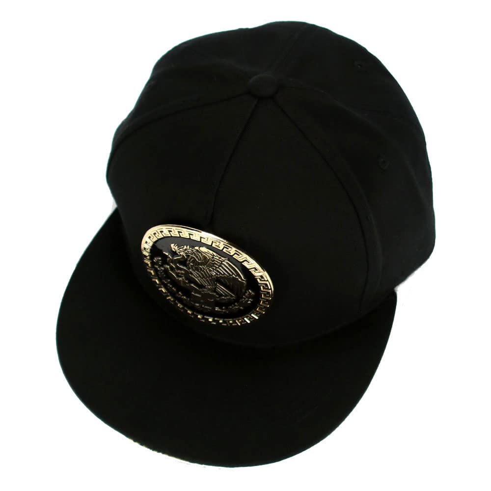 Mexican Mexico Hat Federal Metallic Gold Logo Snapback Flat Bill Baseball Cap (Black)