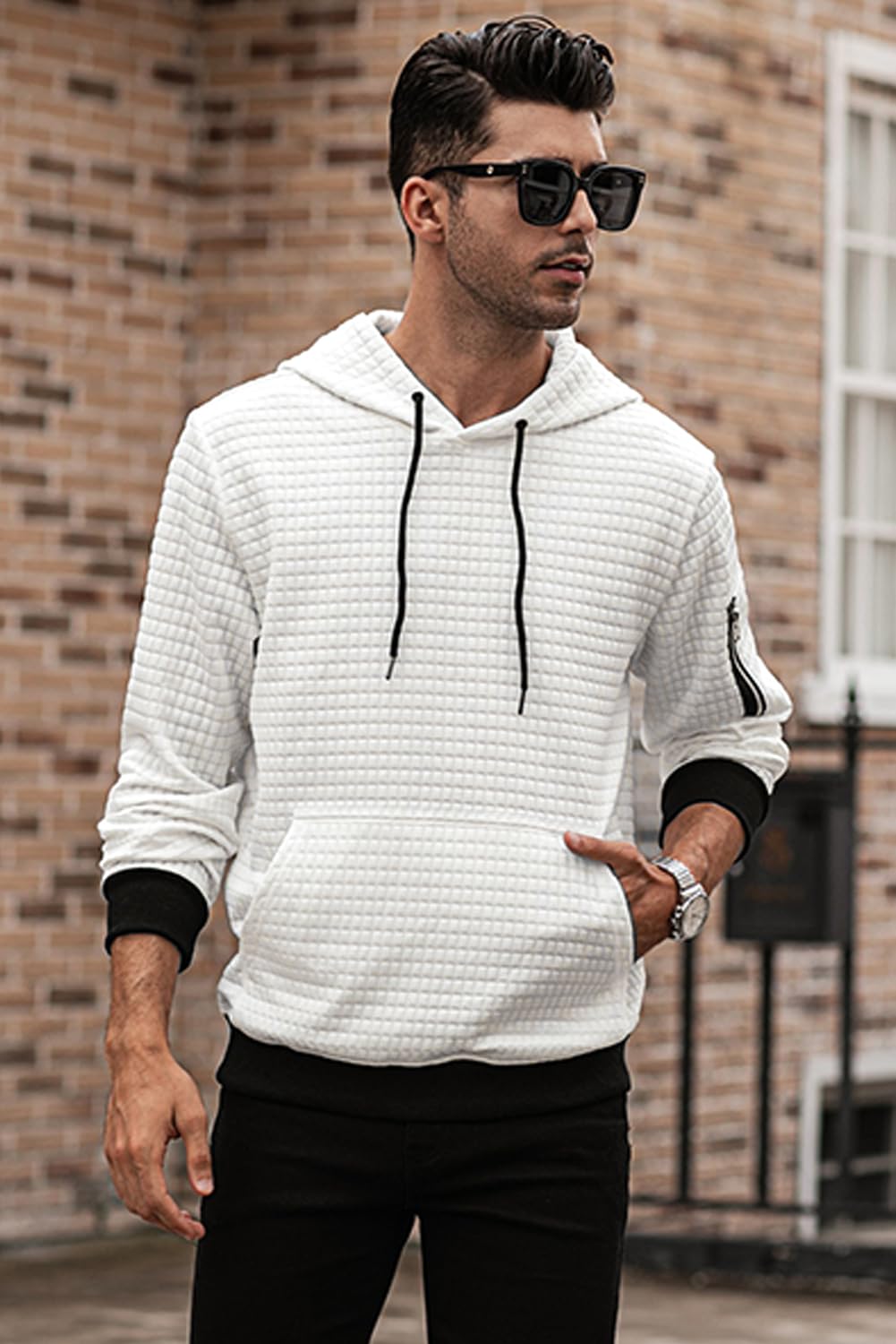 JMIERR Mens Hooded Sweatshirt Long Sleeve Drawstring Waffle Knit Hooded Fall Hoodie with Kanga Pocket, US 43(L), White