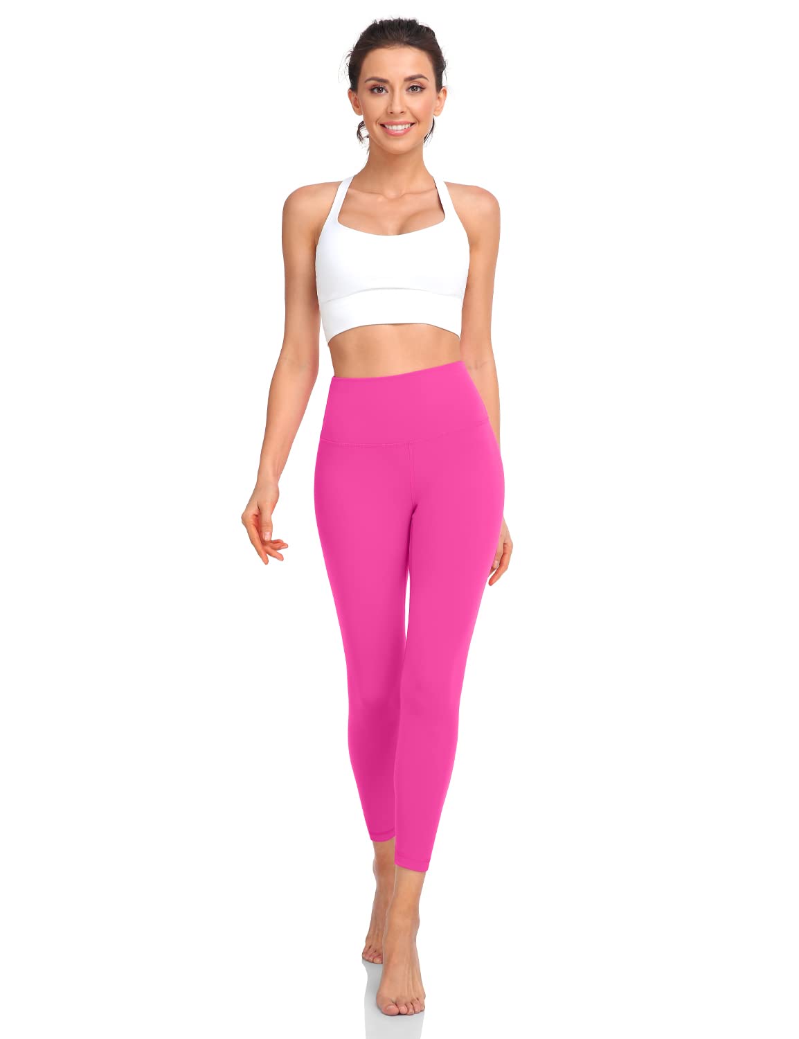 HeyNuts Pure&Plain 7/8 High Waisted Leggings for Women, Athletic Compression Tummy Control Workout Yoga Pants 25'' Sonic Pink M(8/10)