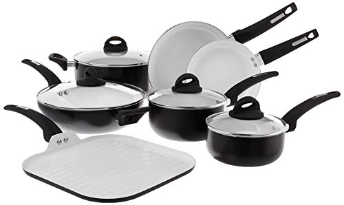 Oster Herstal Aluminum Cookware Set with Ceramic Non-Stick and Soft Touch Bakelite Handle with Tempered Glass Lids, 11-Piece, Black w/White Interior