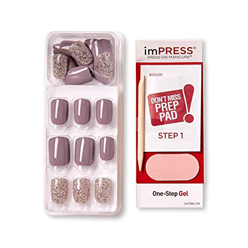 KISS imPRESS No Glue Mani Press On Nails, Design, Flawless', Gray, Short Size, Squoval Shape, Includes 30 Nails, Prep Pad, Instructions Sheet, 1 Manicure Stick, 1 Mini File
