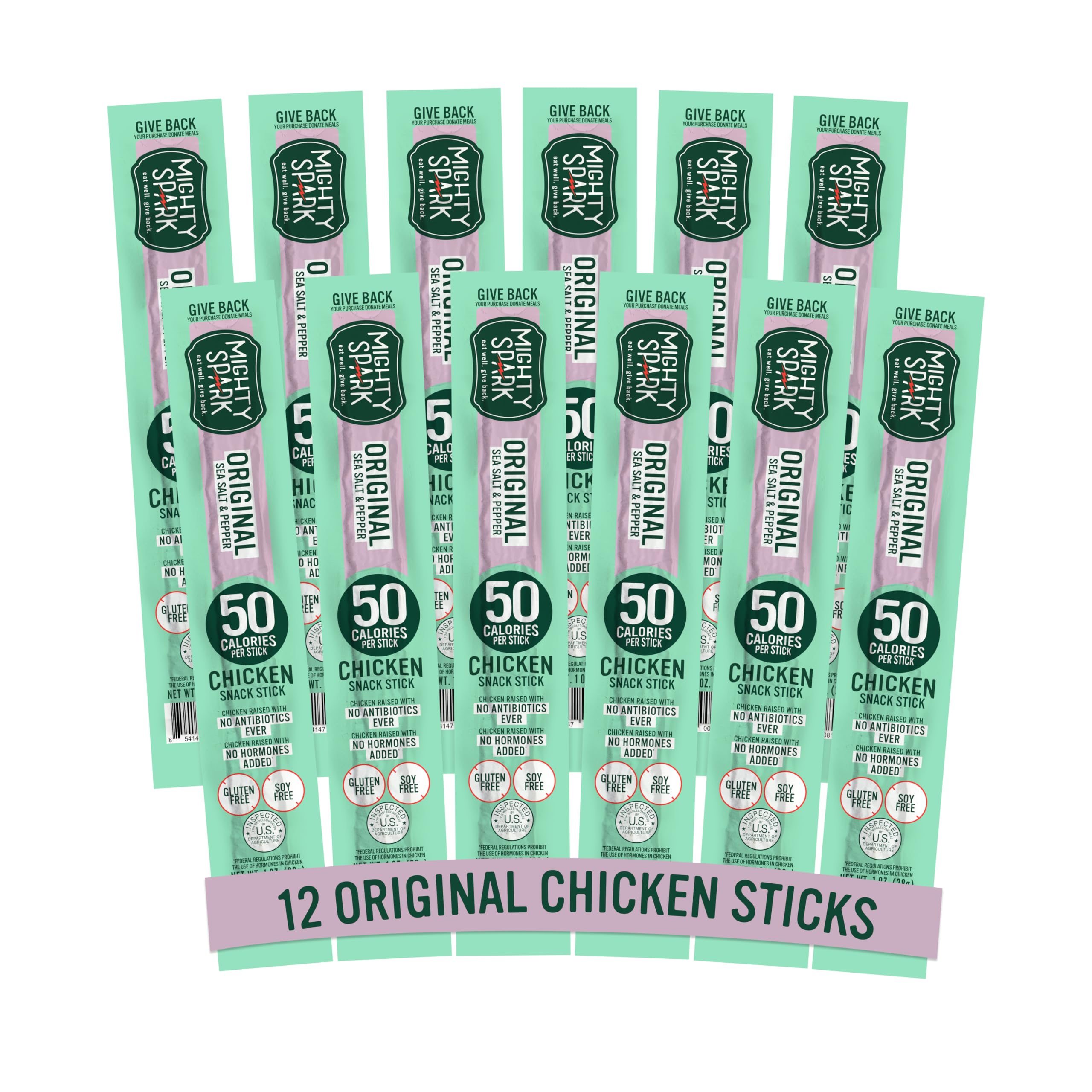 Mighty Spark Chicken Snack Sticks - Original Sea Salt & Pepper- 6g of Protein, No Antibiotics Ever, No Hormones Added, Gluten Free, Soy Free Meat Sticks - High Protein Keto Snacks, Weight Watchers Approved Snacks - 12 Count