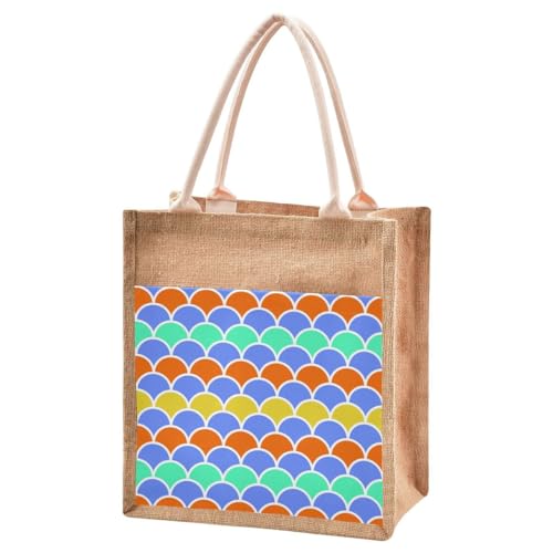 Jute Burlap Tote Bag Rainbow Colorful Moire Striped Mermaid Scale Tail Ocean Sea Large Capacity Reusable Grocery Shopping Storage Bag