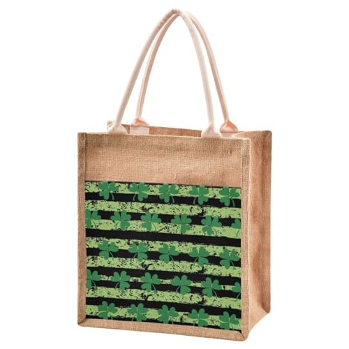 Jute Burlap Tote Bag Shamrock Luck Striped Clover St Patrick's Day Spring Green Black Large Capacity Reusable Grocery Shopping Storage Bag