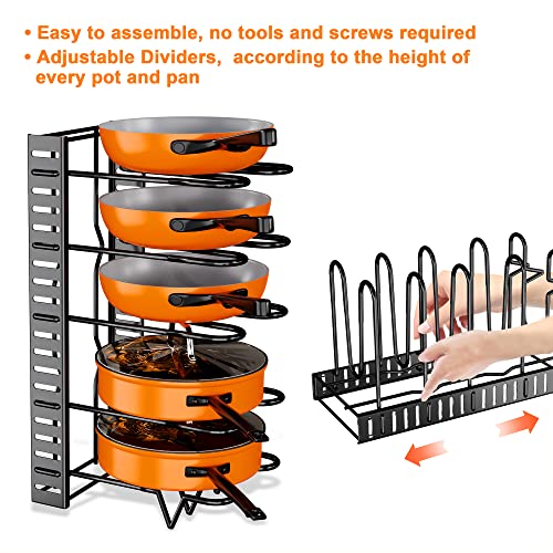 ZHOHO TANT Pots and Pans Organizer for Cabinet Upgraded Pots and Pans Organizer Rack for Kitchen Storage Larger Size Pot Lids Organizer rack with 8 Tiers & 3 DIY Methods(Black)
