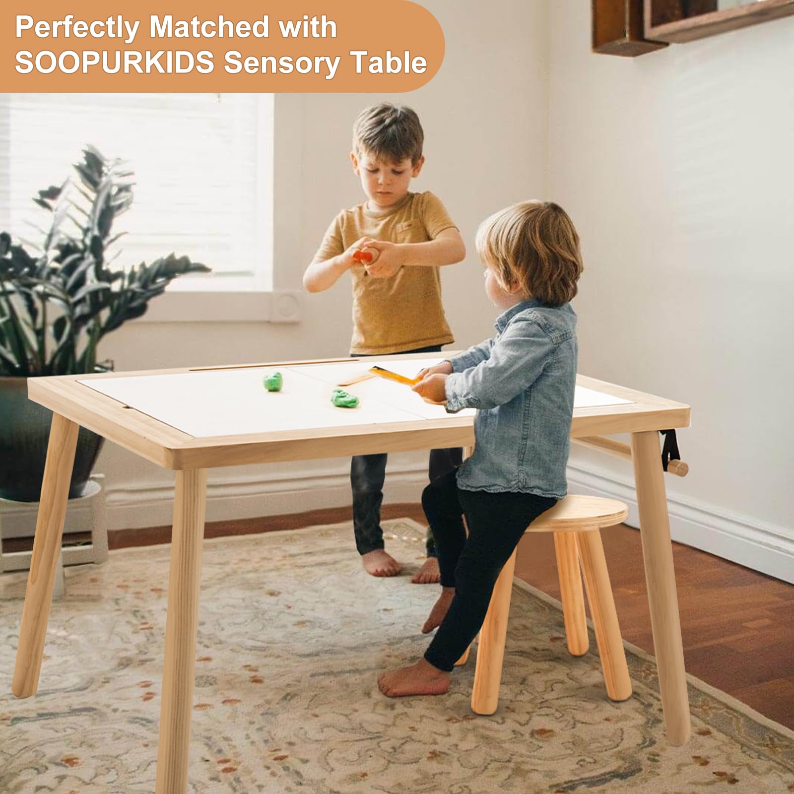 SOOPURKIDS Wooden Step Stool for Kids, 10 Inch Solid Kids Chairs fit with Sensory Table,Sturdy Sitting Stool with Assembled Four-Legged, for Children, Toddler,1 Pack