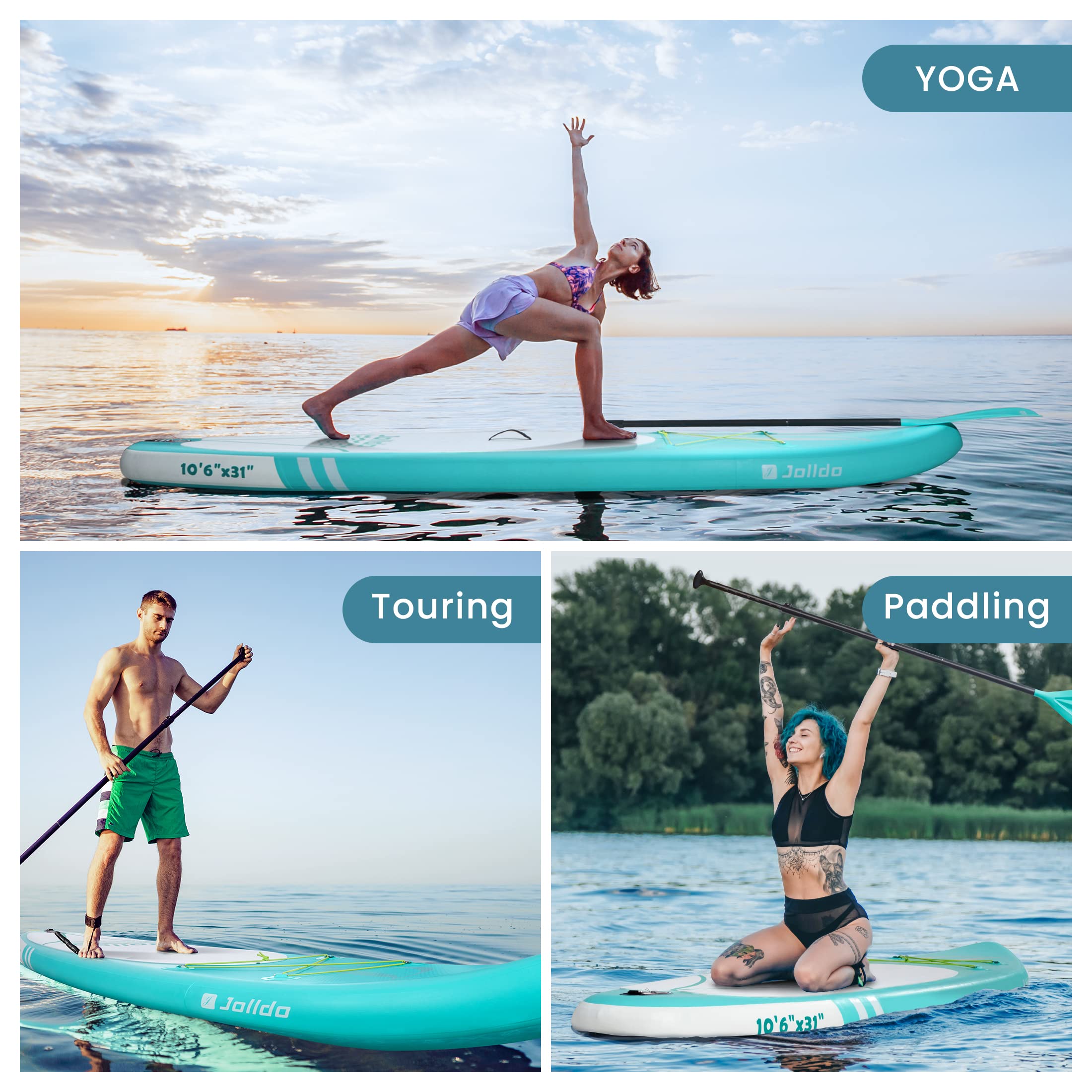 jolldo SUP Inflatable Paddle Board, Stand Up Paddle Board 10’6”×31"×6" Ultra-Light (17lbs) Paddle Board for Adults Youth, SUP with Bag, Adjustable Paddle, Pump, Leash, Fins, Repair Kit