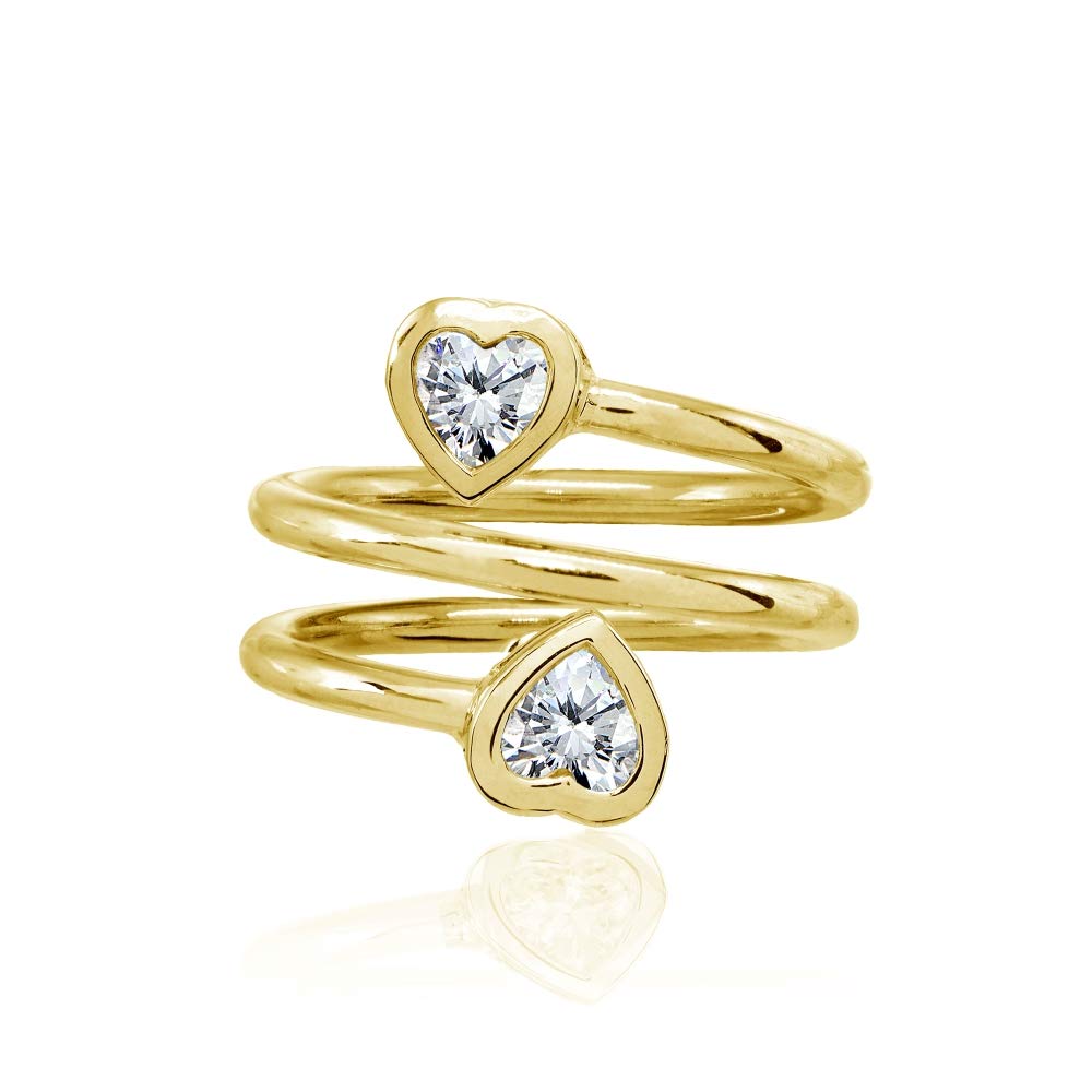 Hoops & Loops Yellow Gold Flashed Sterling Silver Cubic Zirconia Heart Two Stone Spiral Wrap Around Polished Statement Ring, Size 5