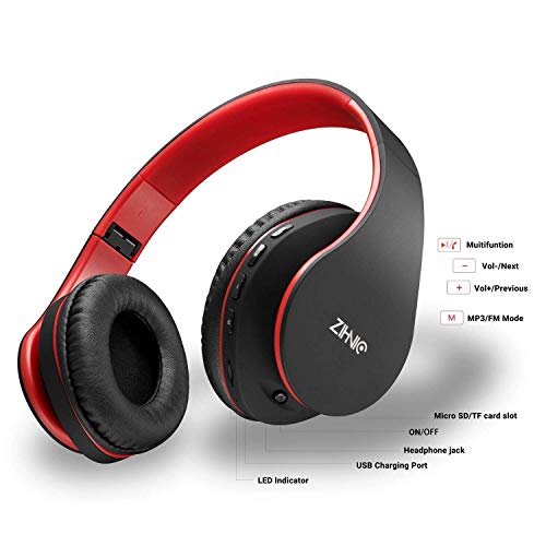 ZIHNIC Bluetooth Headphones Over-Ear, Foldable Wireless and Wired Stereo Headset Micro SD/TF, FM for Cell Phone,PC,Soft Earmuffs &Light Weight for Prolonged Wearing (Black/red)