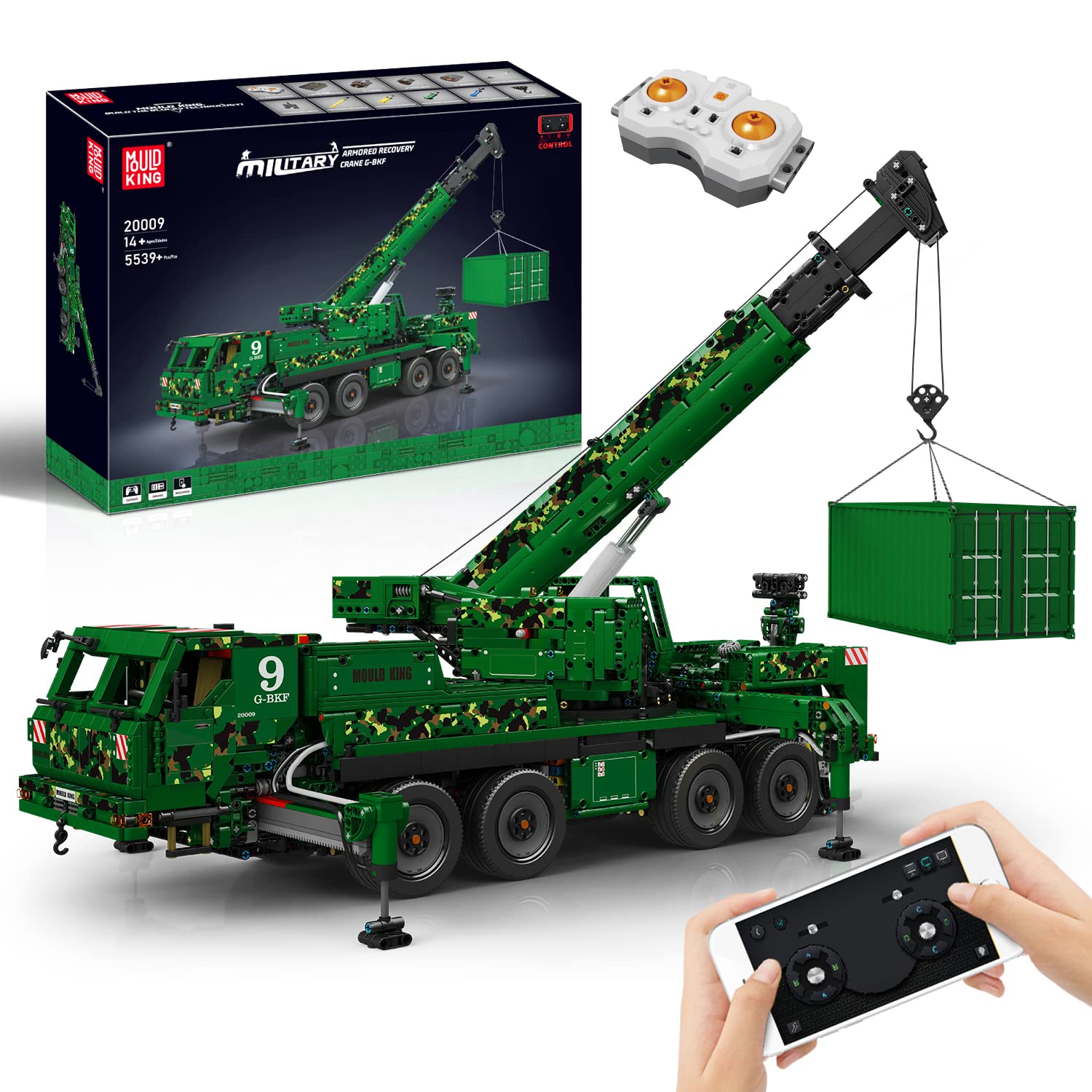 Mould King Technic Heavy-Duty RC Crane Truck Construction Toys, 20009 APP Remote Control Crane Building Sets, Mobile Crane Building Blocks Kit, MOC Building Blocks for Adults Kids 14+ Green(5539 PCS)