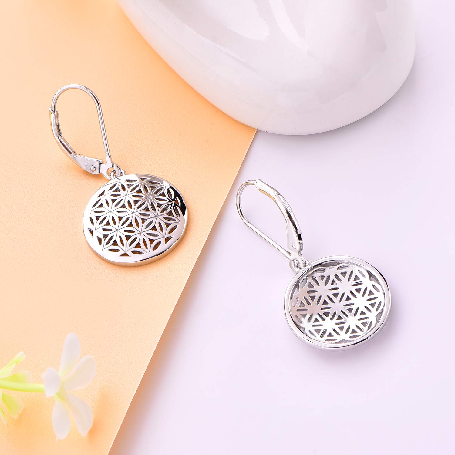 JO WISDOM 925 Sterling Silver Flower of Life Drop&Dangle Leverback Earrings